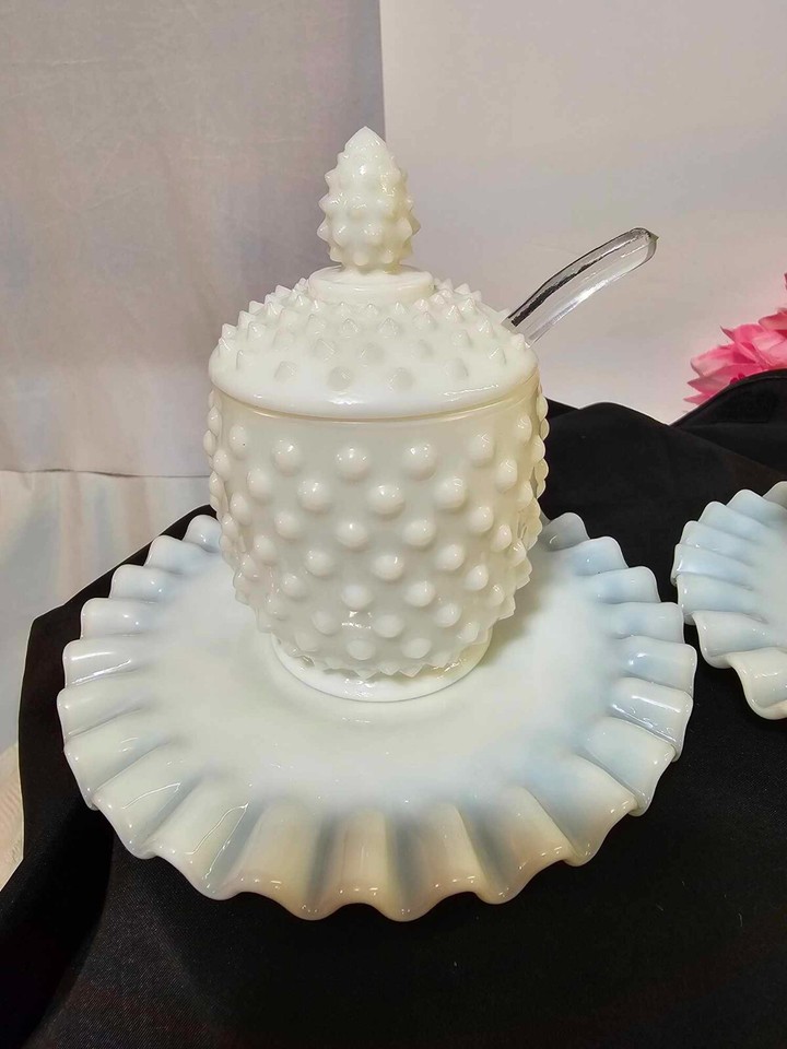 Vtg Fenton? 7pc Hobnail Milk Glass Jam Jar w lid, bowl/sugar w plate ...