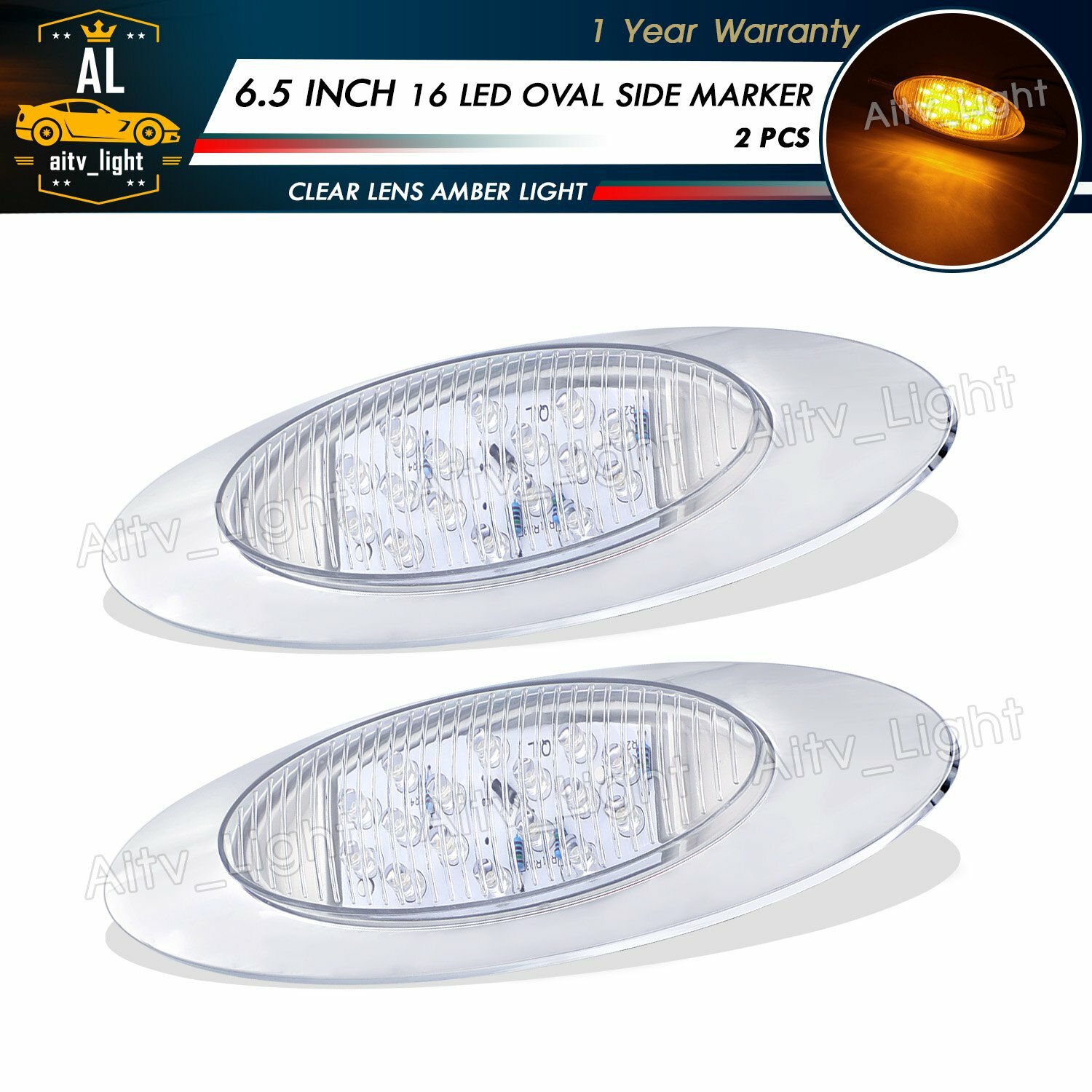 16 LED Clear Lens Chrome 2 x 6.5" Side Marker Clearance Amber Lights ...