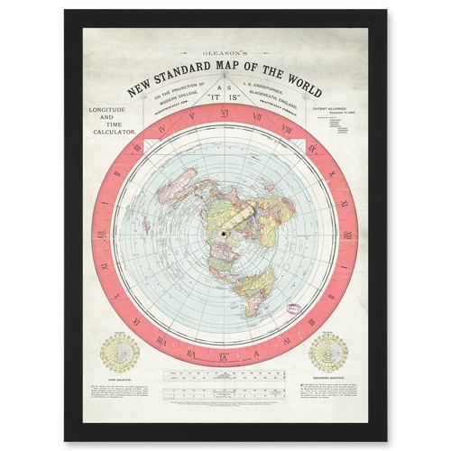 Map Gleason 1892 World Time Calculator Flat Earth A4 Framed Wall Art ...