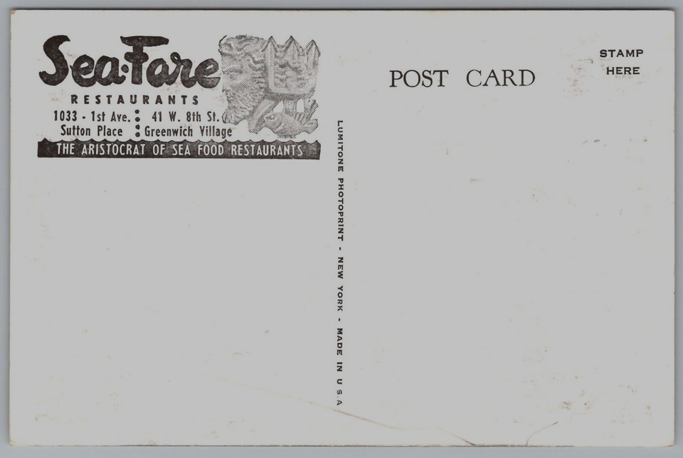 Vintage Postcard - Sea Fare Restaurants - 1033 1st Ave & 41 W 8th St ...