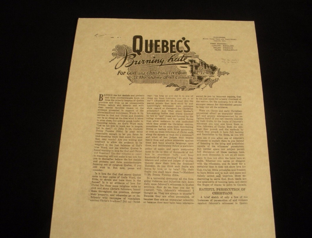 VERY RARE 1946 "QUEBEC'S BURNING HATE" tract persecution Watchtower ...