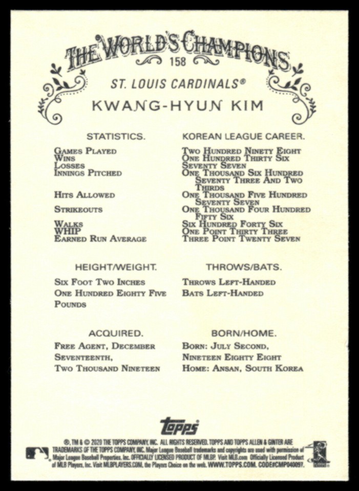 2020 Topps Allen & Ginter #158 Kwang-Hyun Kim | eBay