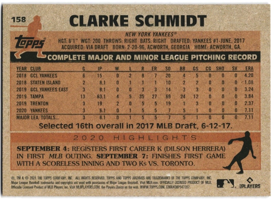 2021 Topps Archives Clarke Schmidt Rookie New York Yankees #158 | eBay