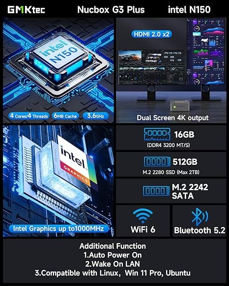 GMKtec G3 Plus Mini PC Intel Twin Lake N150 Up to 3.6GHz 16GB RAM 512GB ...