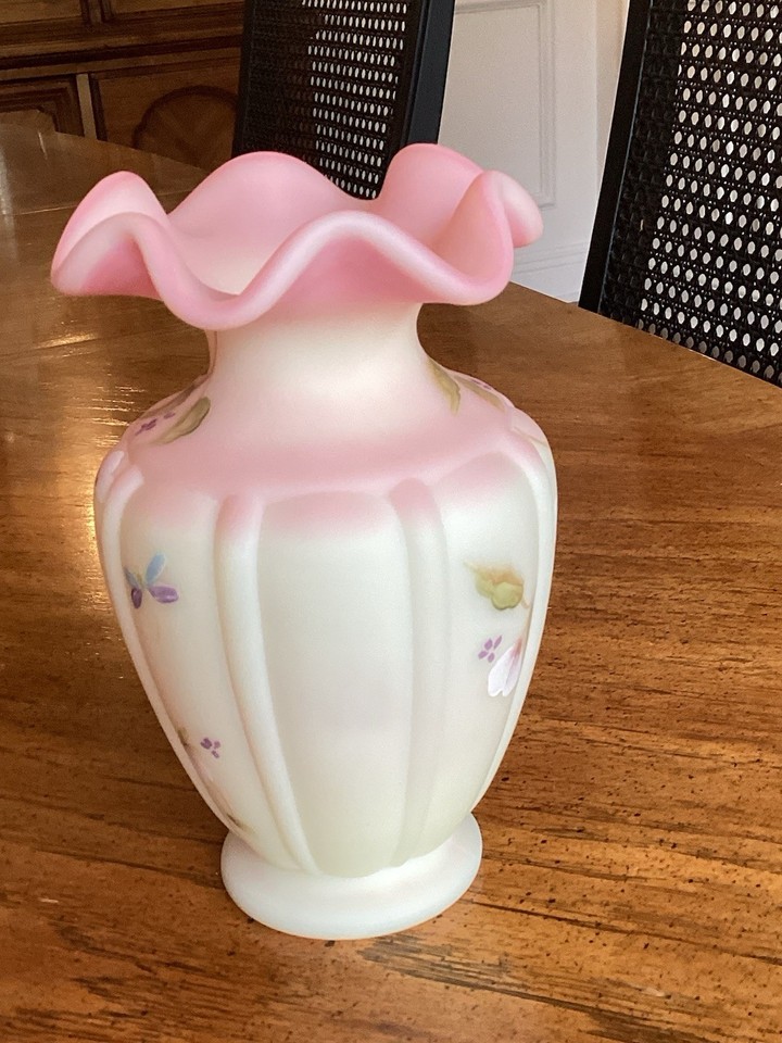 Fenton Burmese Vase Dan Fenton Signed Numbered Floral Dragonfly Hand ...