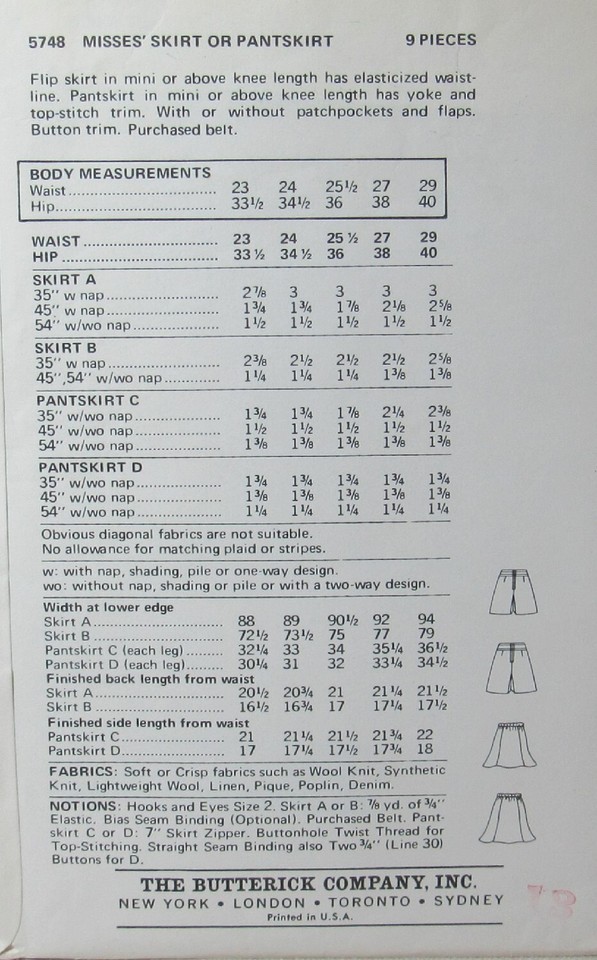 Vintage 60s Butterick 5748 Misses 12 W25.5 Flared MINI SKIRT & SKORT ...
