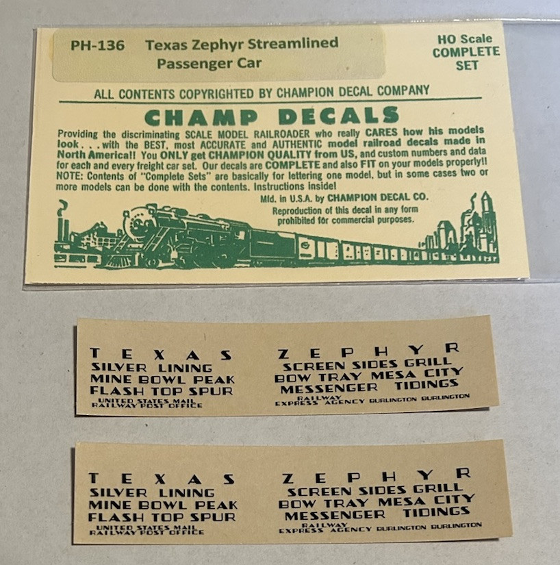 CHAMP HO DECAL-TEXAS ZEPHYR STREAMLINED PASSENGER CAR-BLACK LETTERING ...
