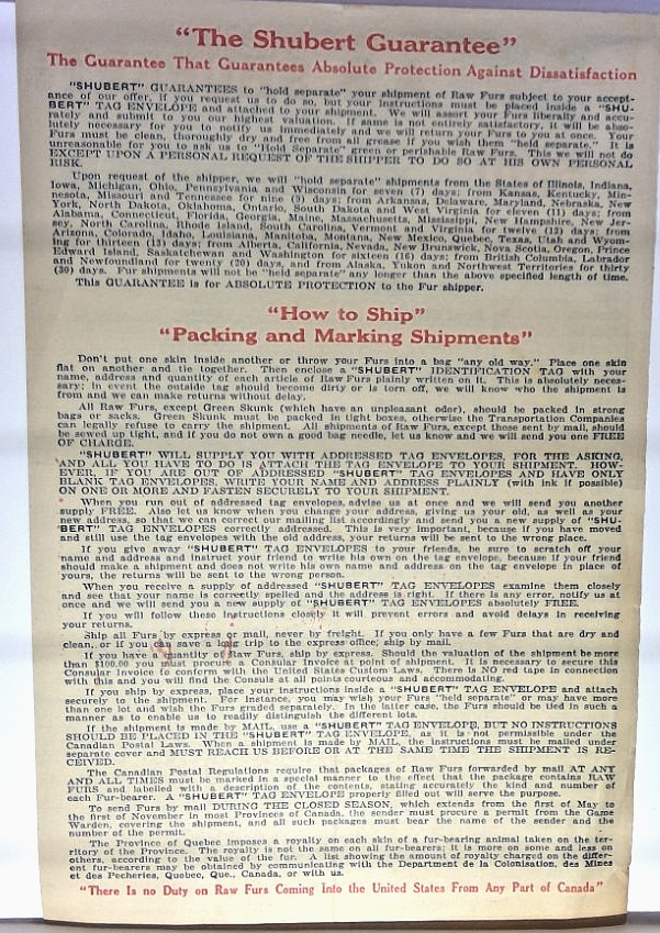 Vintage A B Shubert Purchase sheet for American Raw Furs Color form ...