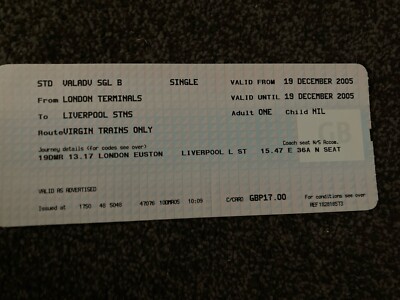 Virgin Trains Ticket 19/12/05 London To Liverpool | eBay UK