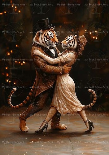 TANGO DANCING TIGERS ART PRINT, Valentine's Day Poster Victorian Cat Decor F414 | eBay