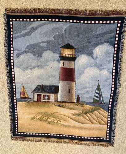 American Weavers Seashore Lighthouse Tapestry Throw Blanket Fringed 57x49 | eBay