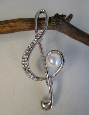 New crystal musical note treble clef brooch pearl silver bling Art deco ...