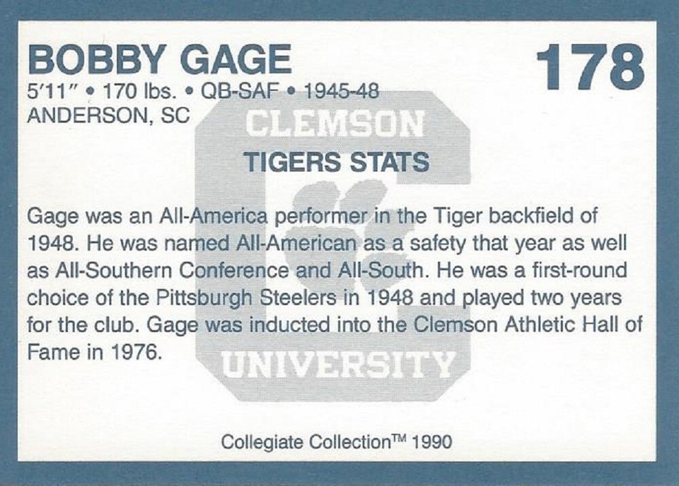 1990 Collegiate Collection Clemson Tigers #179 Bobby Gage | eBay