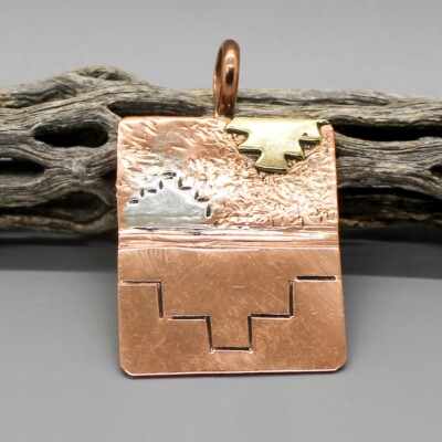 NAVAJO-THREE METAL OVERLAY KIVA STEP DESIGN PENDANT by ED ABEYTA-NATIVE ...