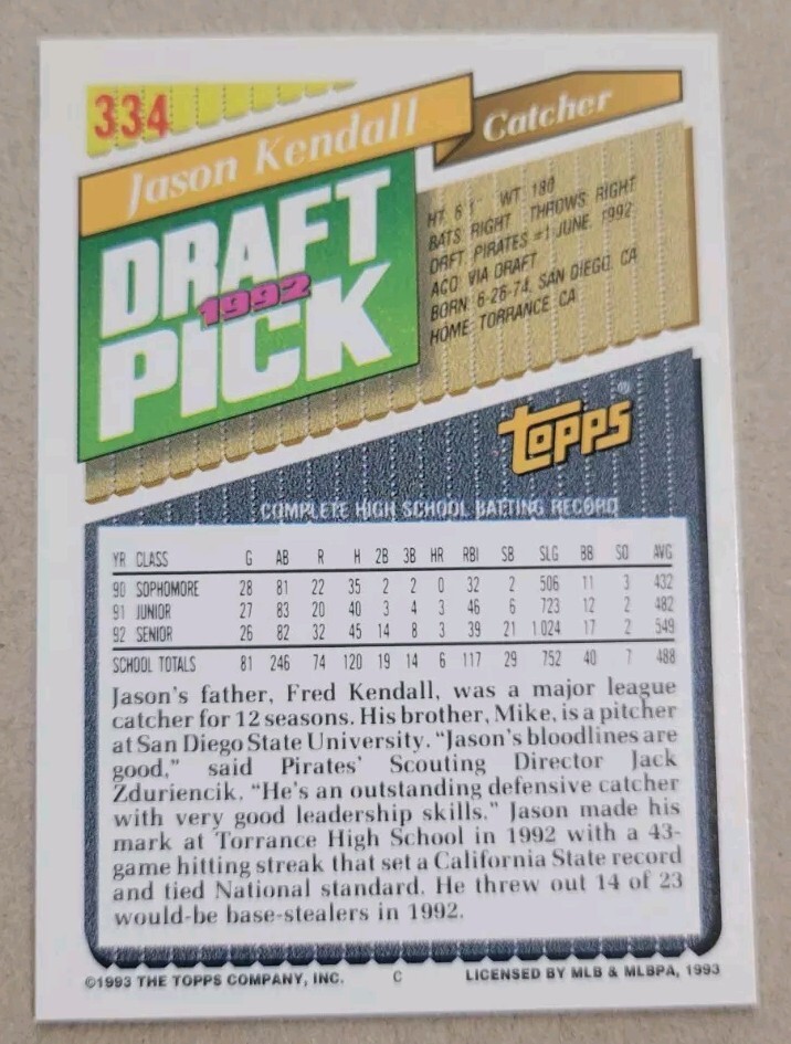1993 Topps Baseball Jason Kendall '92 Draft Pick #334 Pittsburgh ...