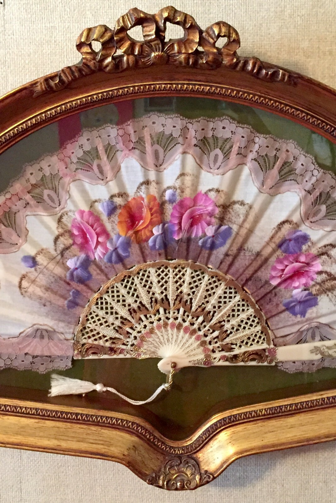 Antique Hand-Painted Fan in Hand-Carved Gilded Shadow Box Near Mint ...