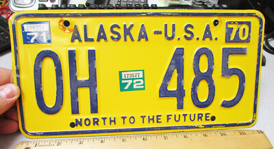 Alaska License Plate 1970 w 71/72 tags OH-485, north to the future, low ...