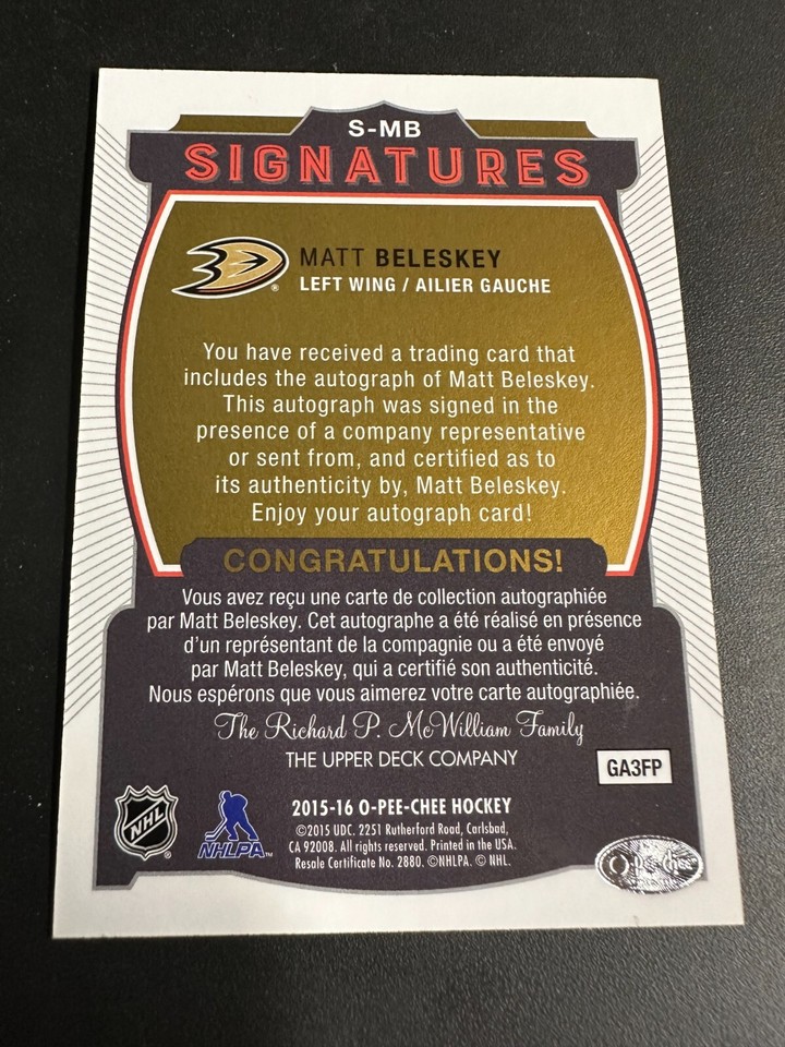 MATT BELESKEY 2015-16 O-Pee-Chee AUTOGRAPH Signatures AUTO Card #S-MB ...