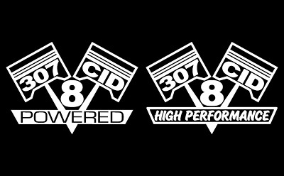 2 V8 307 CID ENGINE HIGH PERFORMANCE POWERED PISTON DECALS 5.0 SBC OLDS ...