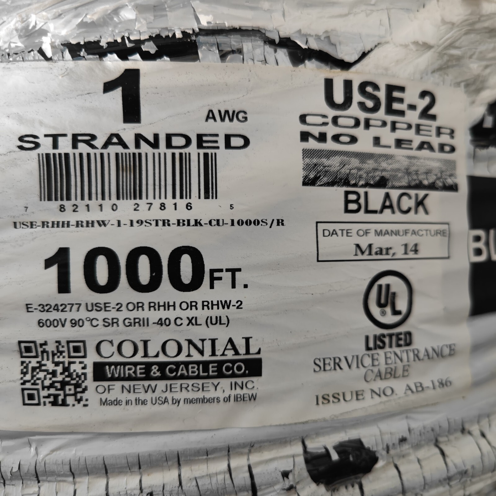 1 Gauge AWG 1 Cable THHN THWN MTW USE-2 Stranded Copper Building Wire ...