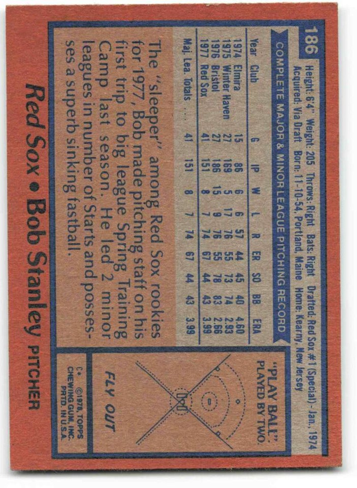 1978 Topps #186 Bob Stanley EX/NM RC Rookie Red Sox DP ID:271241 | eBay