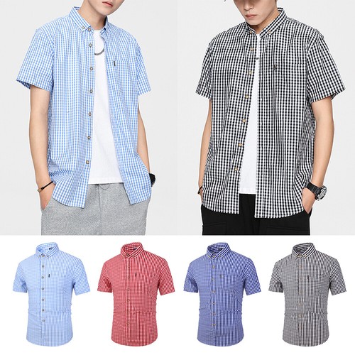 Mens Short Sleeve Plaid Shirt Striped Checked Slim Summer Office Work ...
