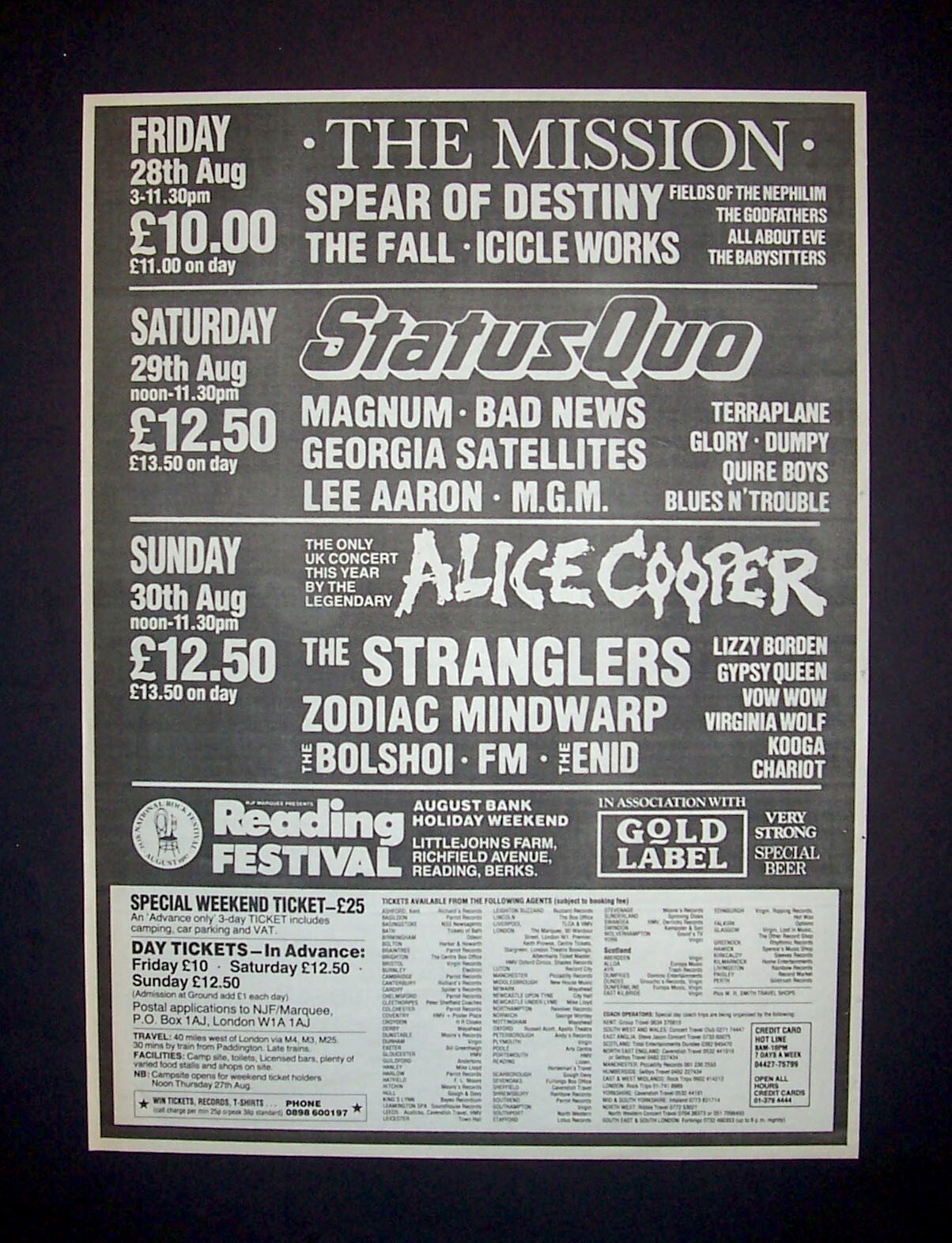 Alice Cooper Status Quo The Mission Reading Festival 1987 Poster Type ...