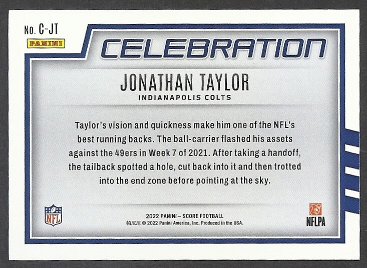 Jonathan Taylor 2022 Panini Score #C-JT Celebration Indianapolis Colts ...