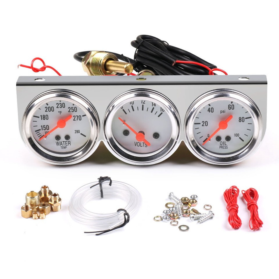 "2"" 52mm Chrome Car Triple Gauge Set Kit 3in1 Water Temp Oil Pressure ...
