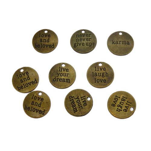 10 Mixed Retro Bronze Alloy Round Word Charm Engraved Pendant Jewelry ...