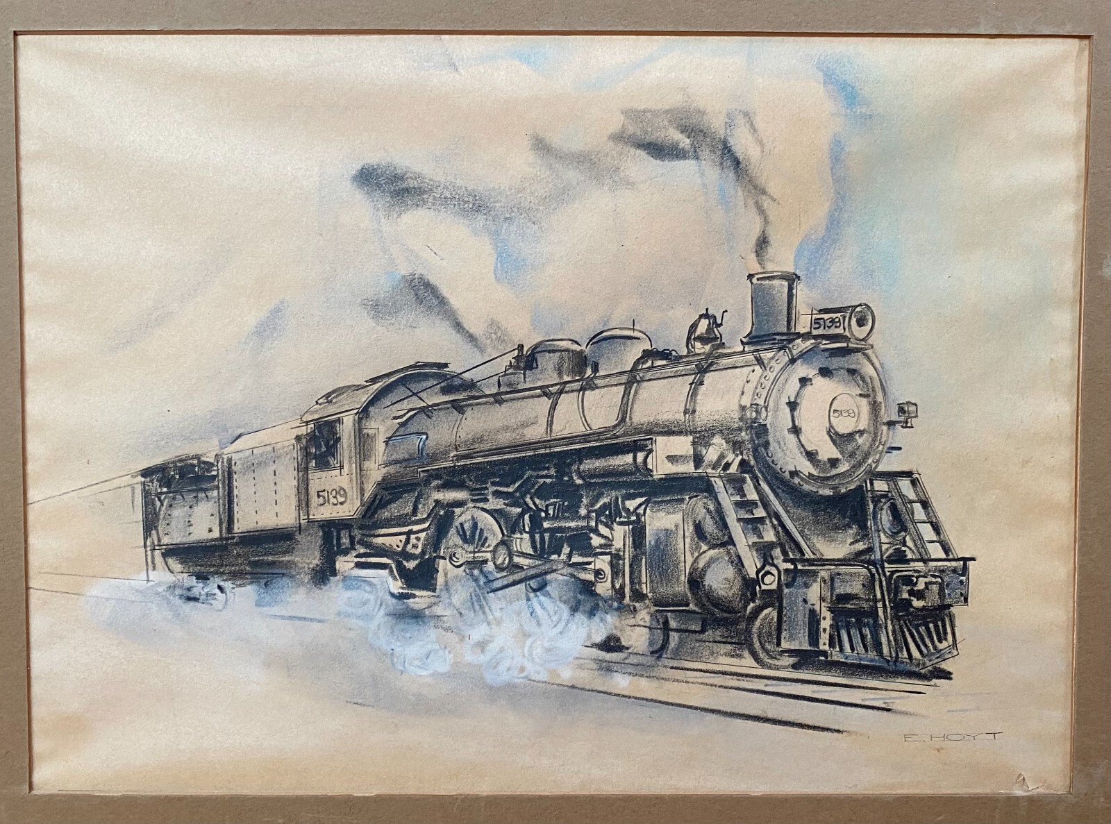 E. Hoyt Signed Pencil Ink Drawing Steam Engine Locomotive Railroad ...