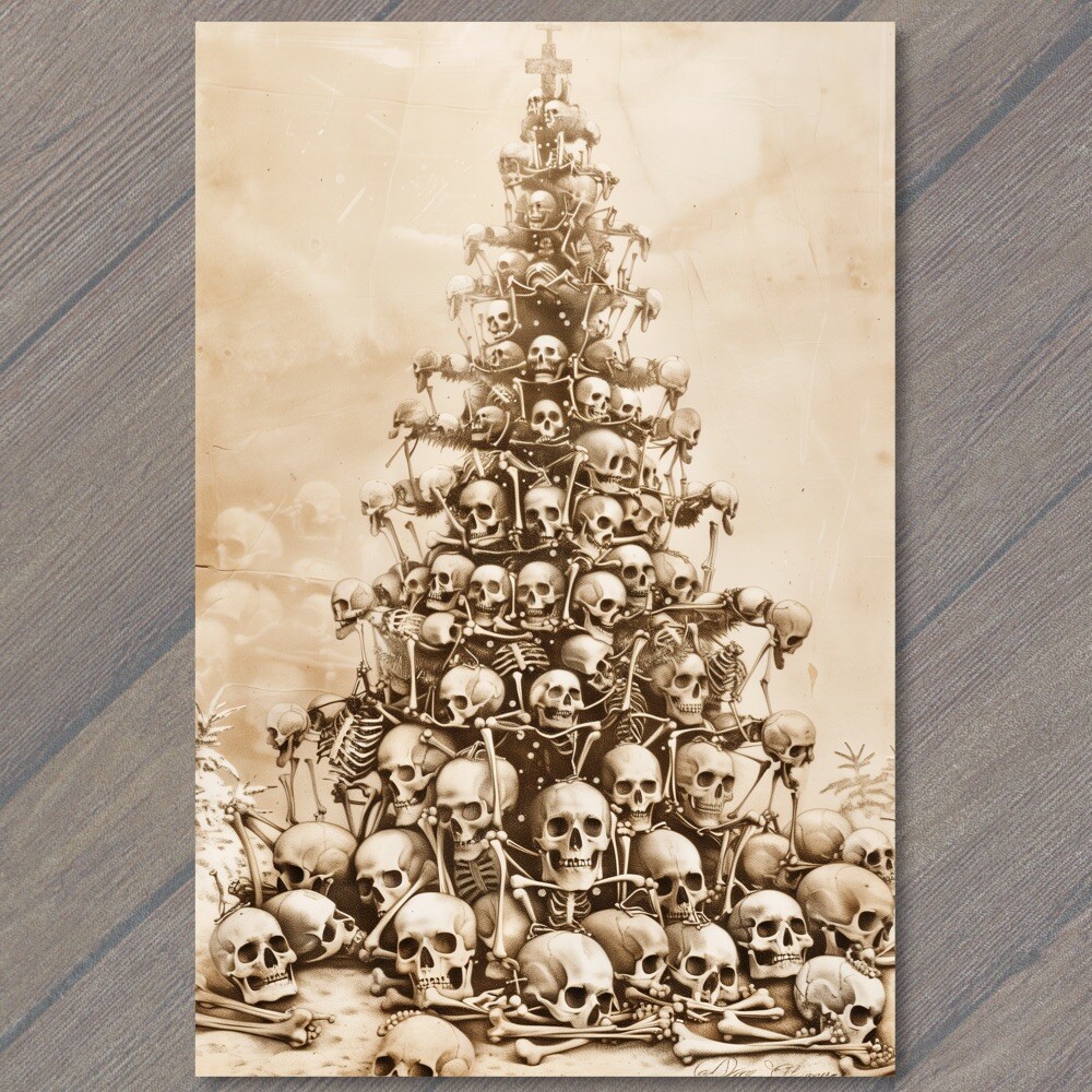 POSTCARD Skull Christmas Tree Skeleton Eerie Scary Old School Guns ...