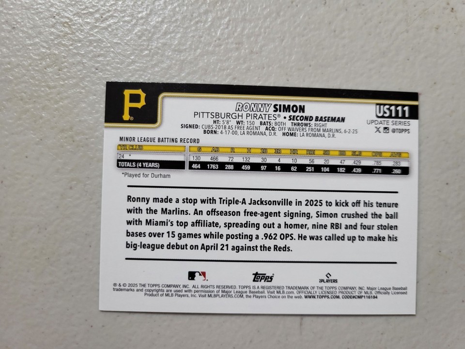 2025 Topps Update Rainbow Foil #US111 Ronny Simon RC Rookie NM Free ...