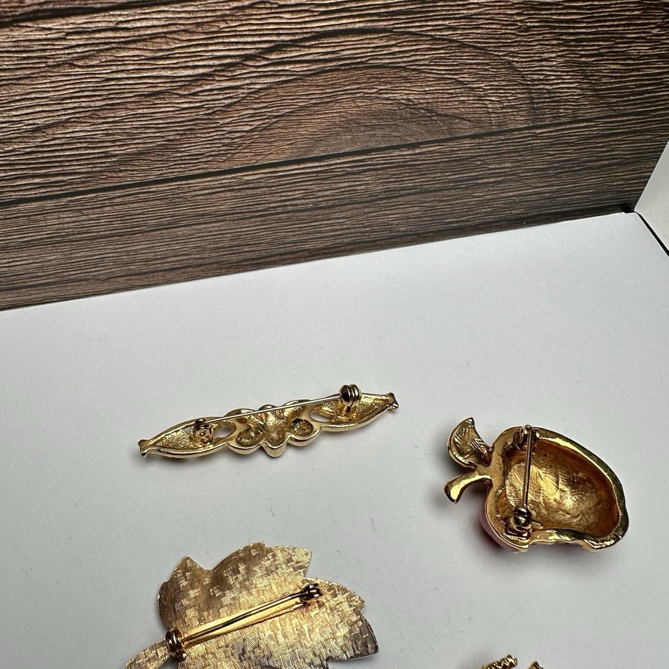 Green Leaf, Red Apple, Ladybug Bug, Flower Bar Enamel Brooch Pin Lot Of ...