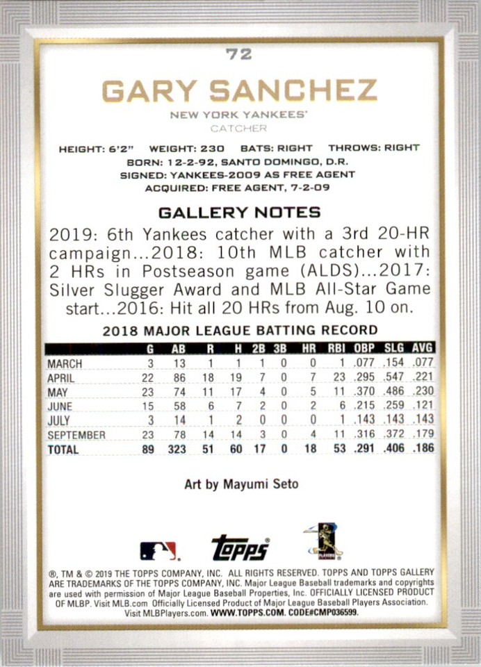 2019 Topps Gallery Gary Sanchez New York Yankees #72 MLB Baseball Card ...