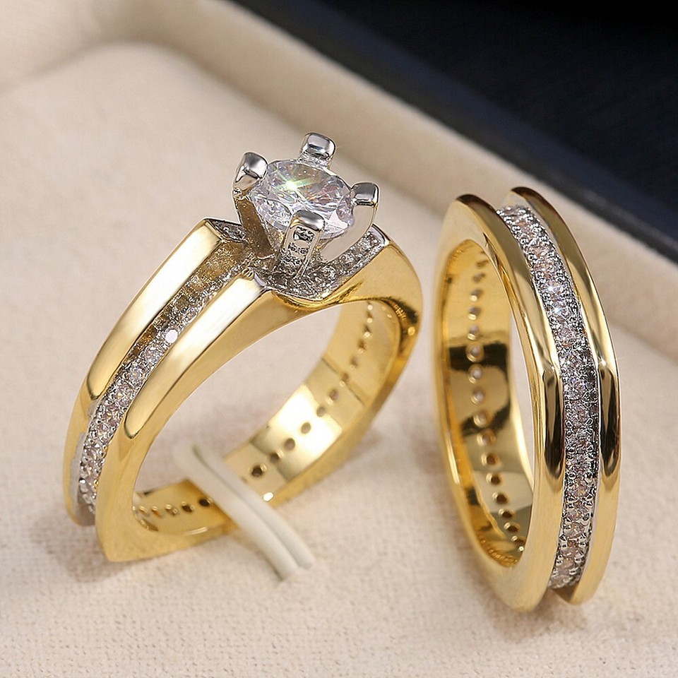 Women Wedding Set Ring 18k Yellow Gold Plated Cubic Zircon Ring Sz 6-10 ...