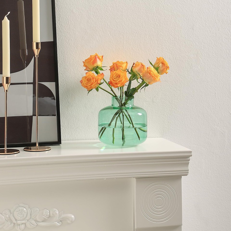 Short Glass Vase Green Glass Vase Short Flower Vase Round Glass Vase ...