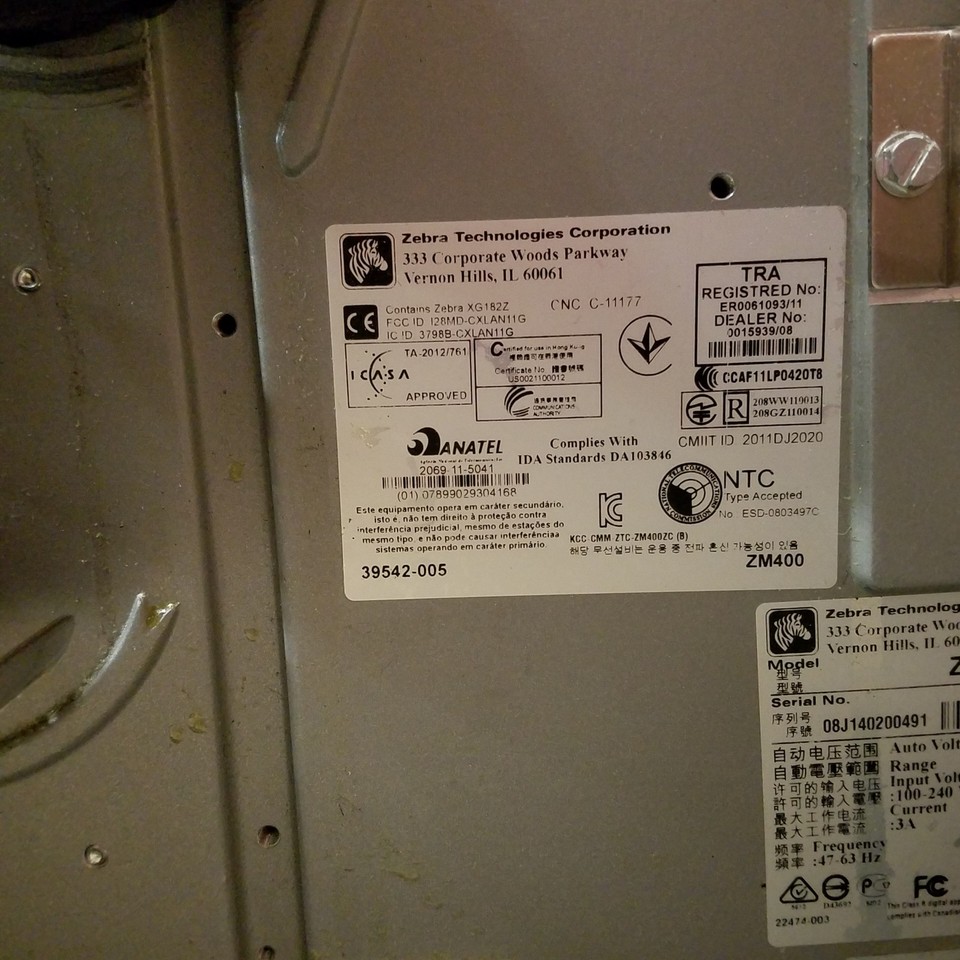 Zebra Tech. Corp. ZM400, Part No. ZM400-2001-0600T Thermal Label ...