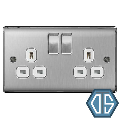 BG Nexus NBS22W Brushed Steel Satin Chrome Double Socket 2 Gang Twin 13 ...