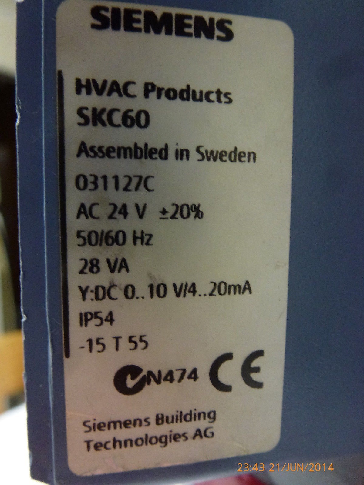 Siemens SKC60 HVAC Actuator 031127C 24V 50/60Hz 0-10VDC 4-20mA 28VA ...