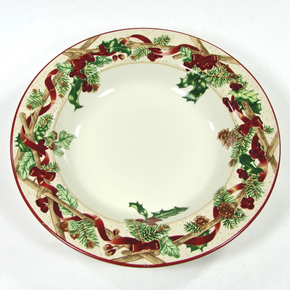 Block Basics FESTIVE RIBBON 12oz Soup Bowl Set 4 Pine Holly Berry Red ...