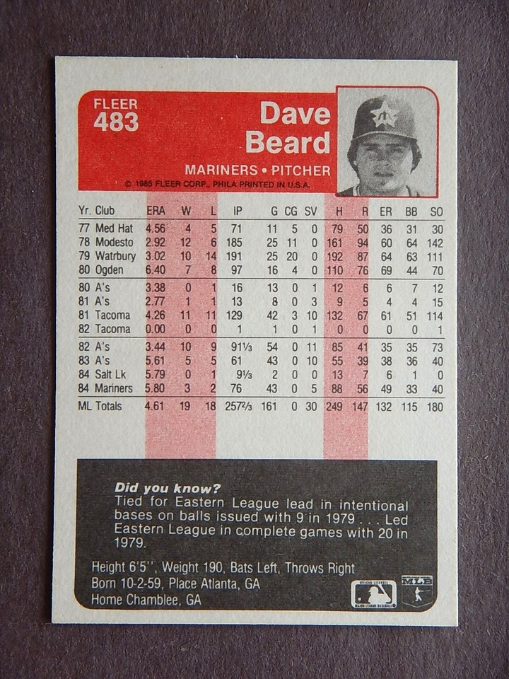 Dave Beard #483 Fleer 1985 Baseball Card (Seattle Mariners) | eBay
