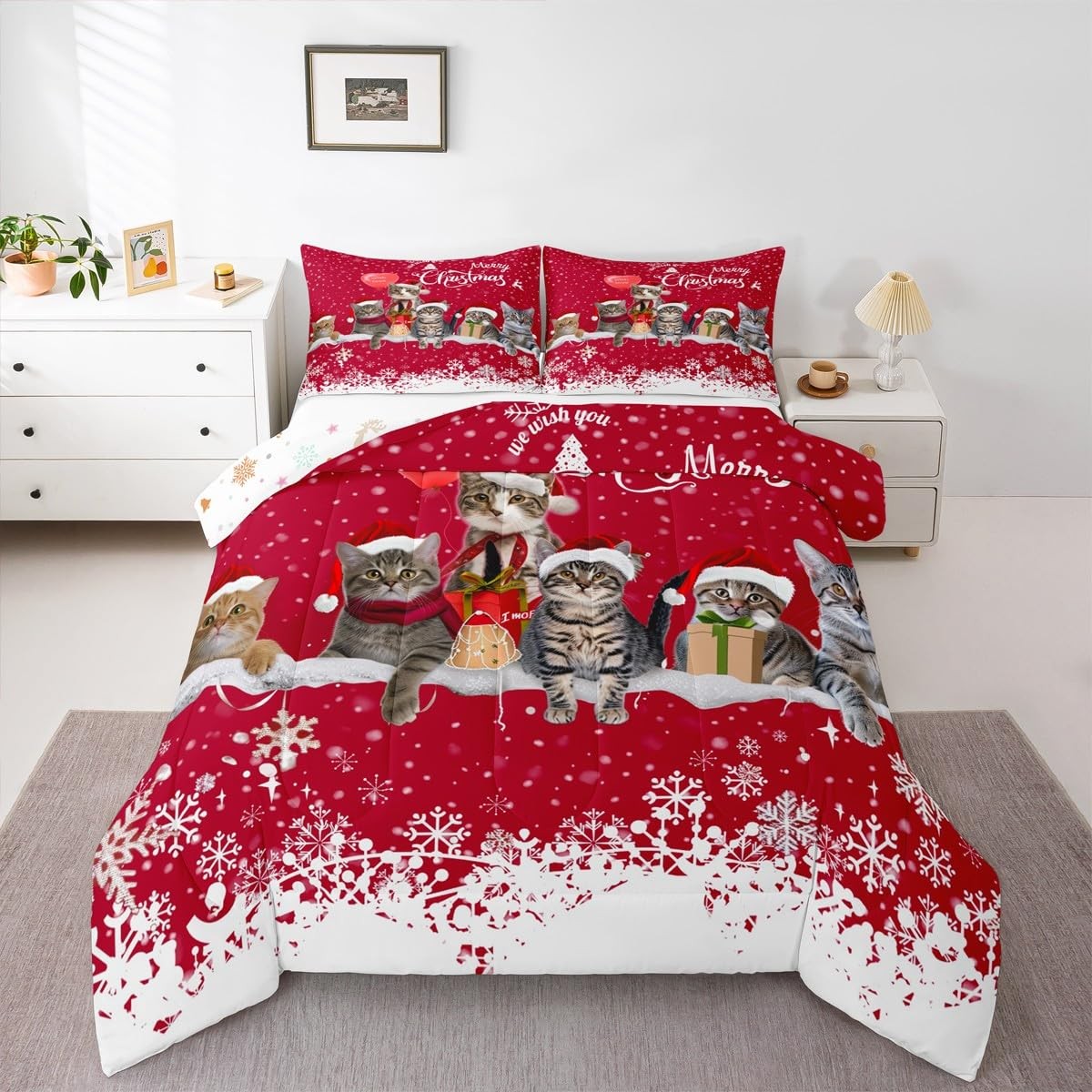 Merry Christmas Cat Bedding Set Xmas Snowflake Pet Cats Comforter for ...