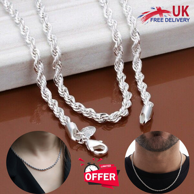 925 Sterling Silver Twisted Rope Chain Mens Womens Stainless Steel ...