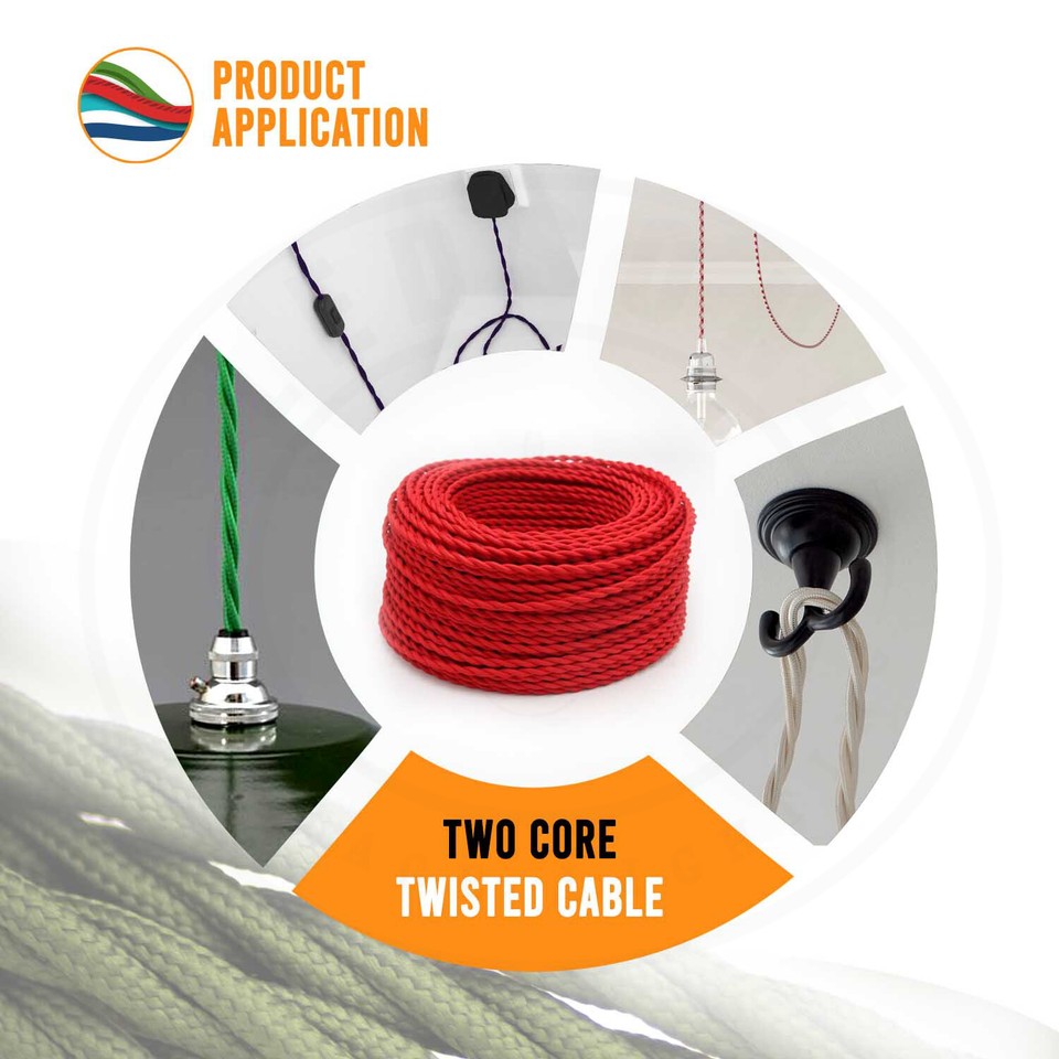 2/3 Core Twisted Braided Fabric Cables Vintage Style Coloured Wire Lamp ...