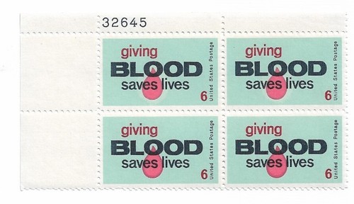 Scott Number 1425 Giving Blood 6 Cent (3) Plate Blocks MNH Original Gum ...