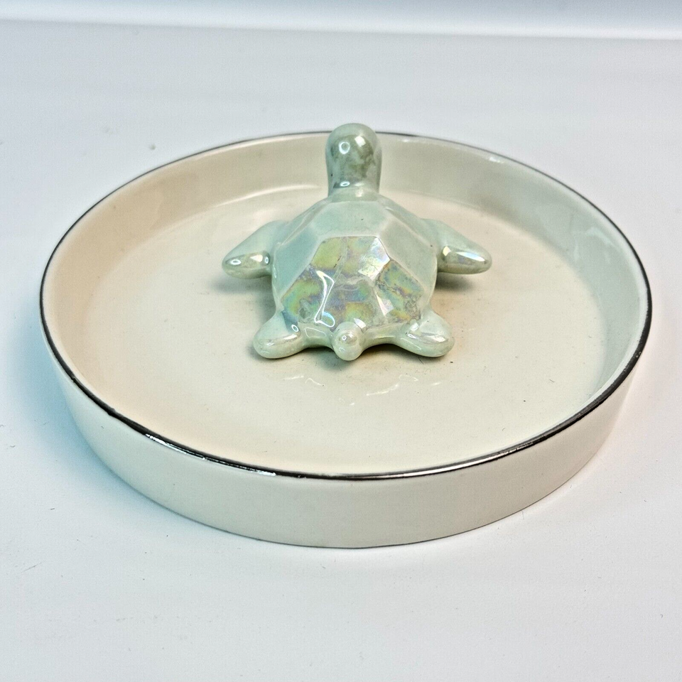 3D Iridescent green Ceramic Turtle Figure round Trinket dish/Jewelry ...