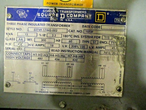 Square D 15T2F Encapsulated Transformer (OS) 15KVA 480X120/208 V T1721 ...