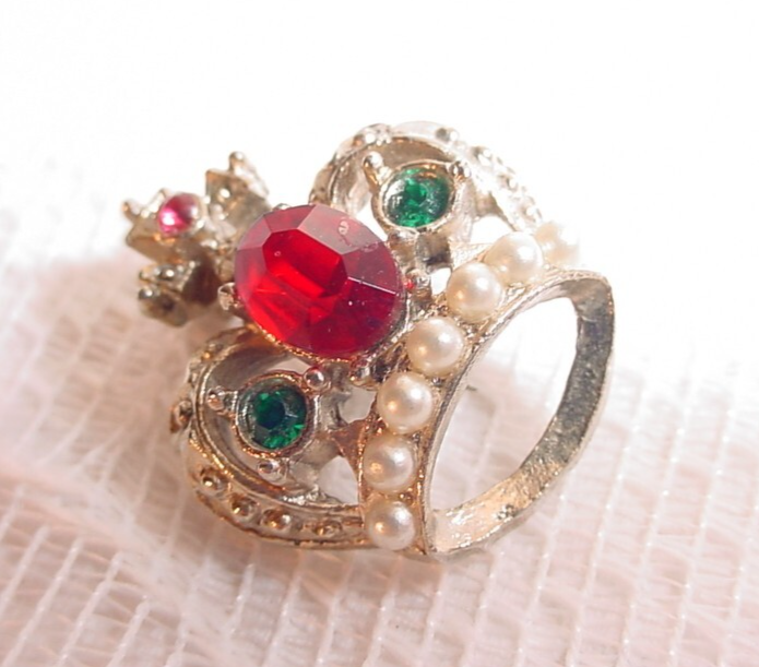 Ornate Royal Crown Pin Brooch Rhinestones Cross Small Size Renaissance ...