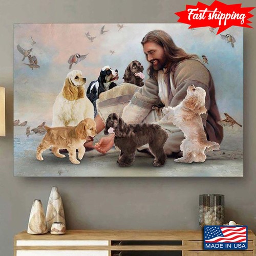 Vintage Smiling Jesus Christ Playing With Cocker Spaniel Dogs And Birds ...